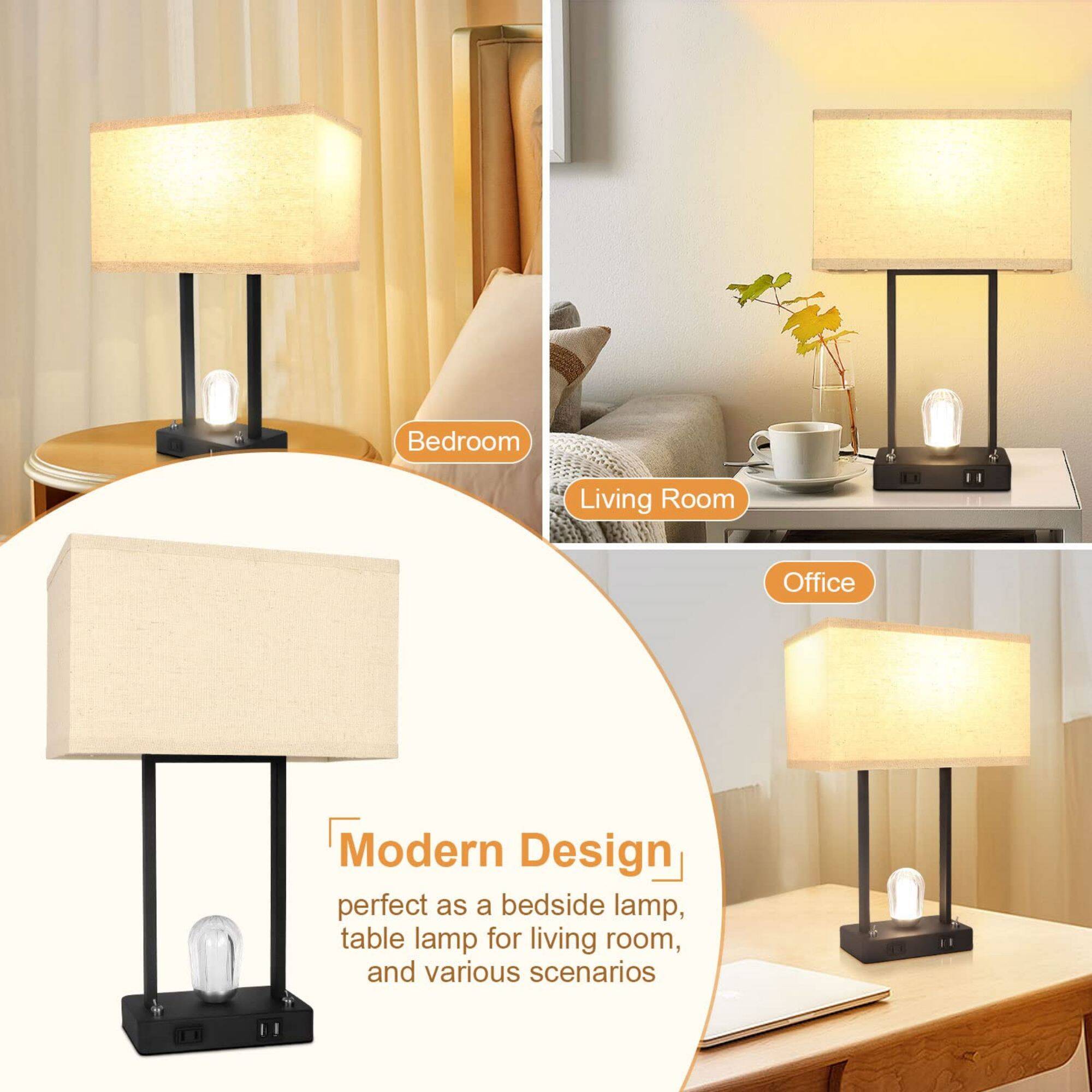 Modern Style Table Lamps Set of 2 with Night Light,On/Off Switch,2 USB ...